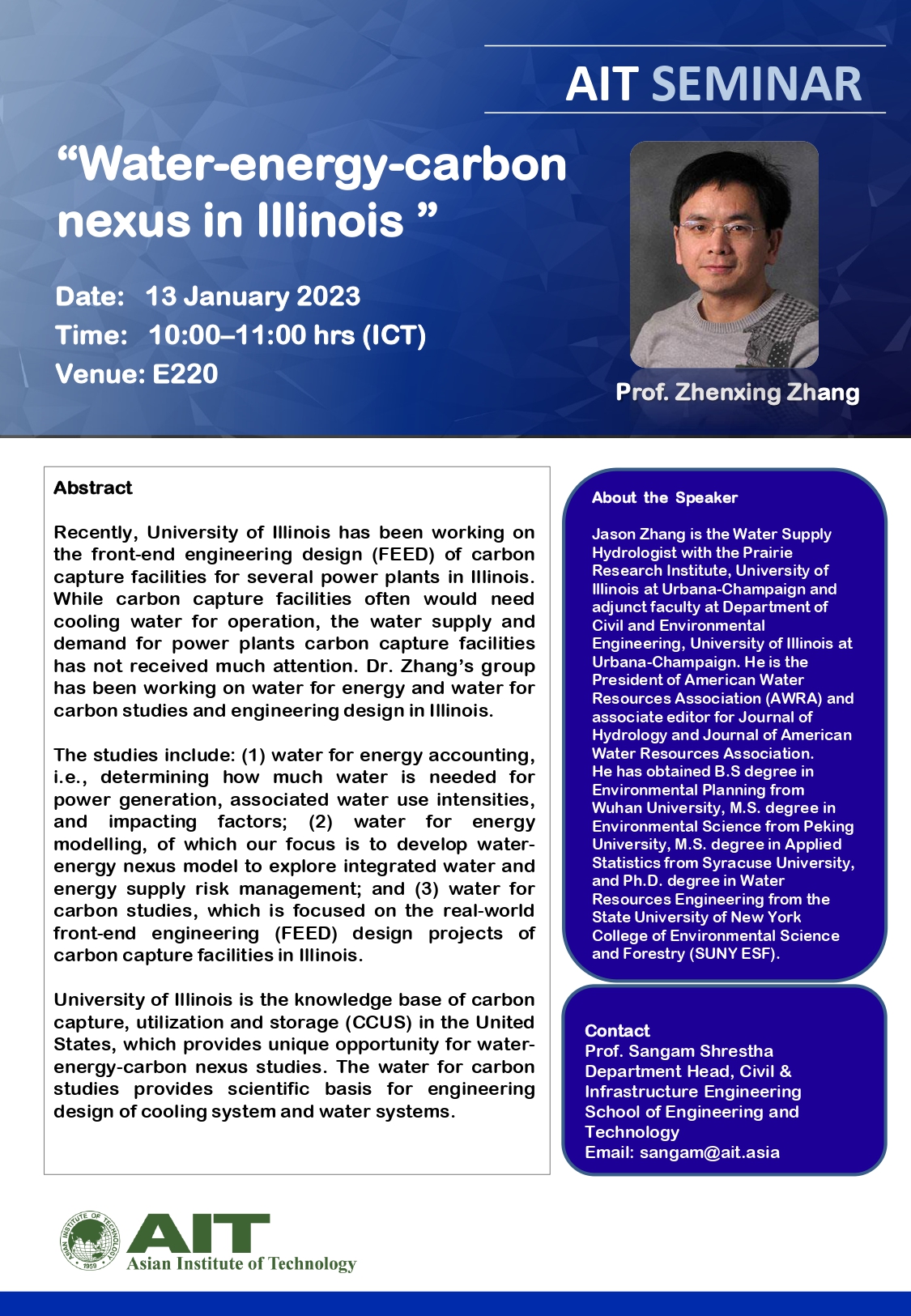 Seminar on Water-energy-carbon nexus in Illinois by Dr. Jason Zhang - Asian Institute of Technology